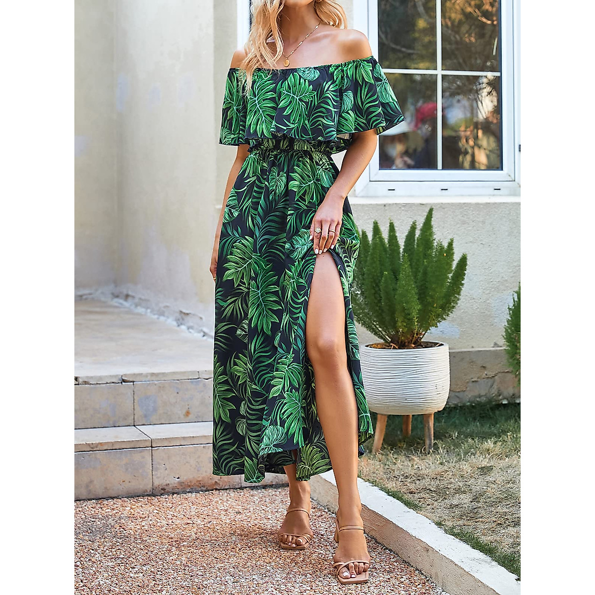 CUPSHE Dress for Women Summer A Shape Dresses Off Shoulder Sleeve Maxi Length Ruffle Fitted Waisted Tropical Printed, M Green