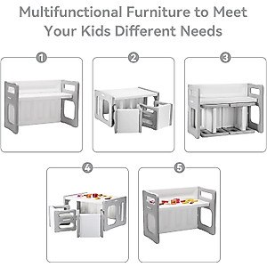 DOREROOM 4 in 1 Kids Table and 2 Chairs Set with Storage, Toddler Table and Chair Set for Kids Ages 3-10, Graffiti & Building Blocks Double-Sided Tabletop (Gray, 2 Chairs)