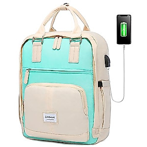 LOVEVOOK Laptop Backpacks for Women,Lightweight Cute Backpack with USB Charging Port Aesthetic Casual Travel Backpack 15.6 Inch,White&Green