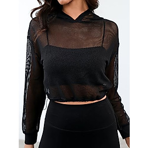 SweatyRocks Women's Activewear Long Sleeve Hollow Out Drawstring Hooded Sweatshirt Sports Crop Top Black M