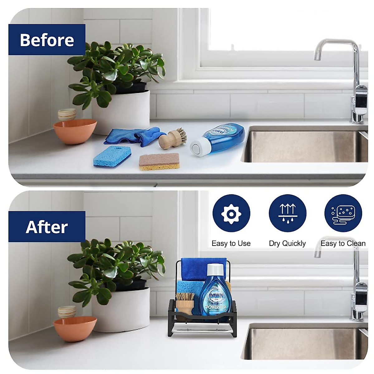 Forprim Kitchen Sink Caddy Sponge Holder,Kitchen Sink Organizer with Auto Drip Tray,Stainless Steel Dish Sponge Holder for Kitchen Sink Countertop with Detachable Dish Towel Bar (Black)