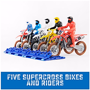 Supercross, Authentic 5-Pack of 1:24 Scale Die-Cast Motorcycles with Rider Figure, Toy Moto Bike for Kids and Collectors Ages 3 and up