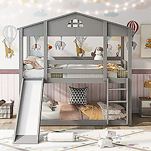 House Bunk Bed with Slide, Twin Over Twin Bunk Bed with Convertible Slide and Ladder, Floor Bunk Bed Frame, Converts into 2 Separate Platform Beds, No Box Spring Needed (Twin, Gray)