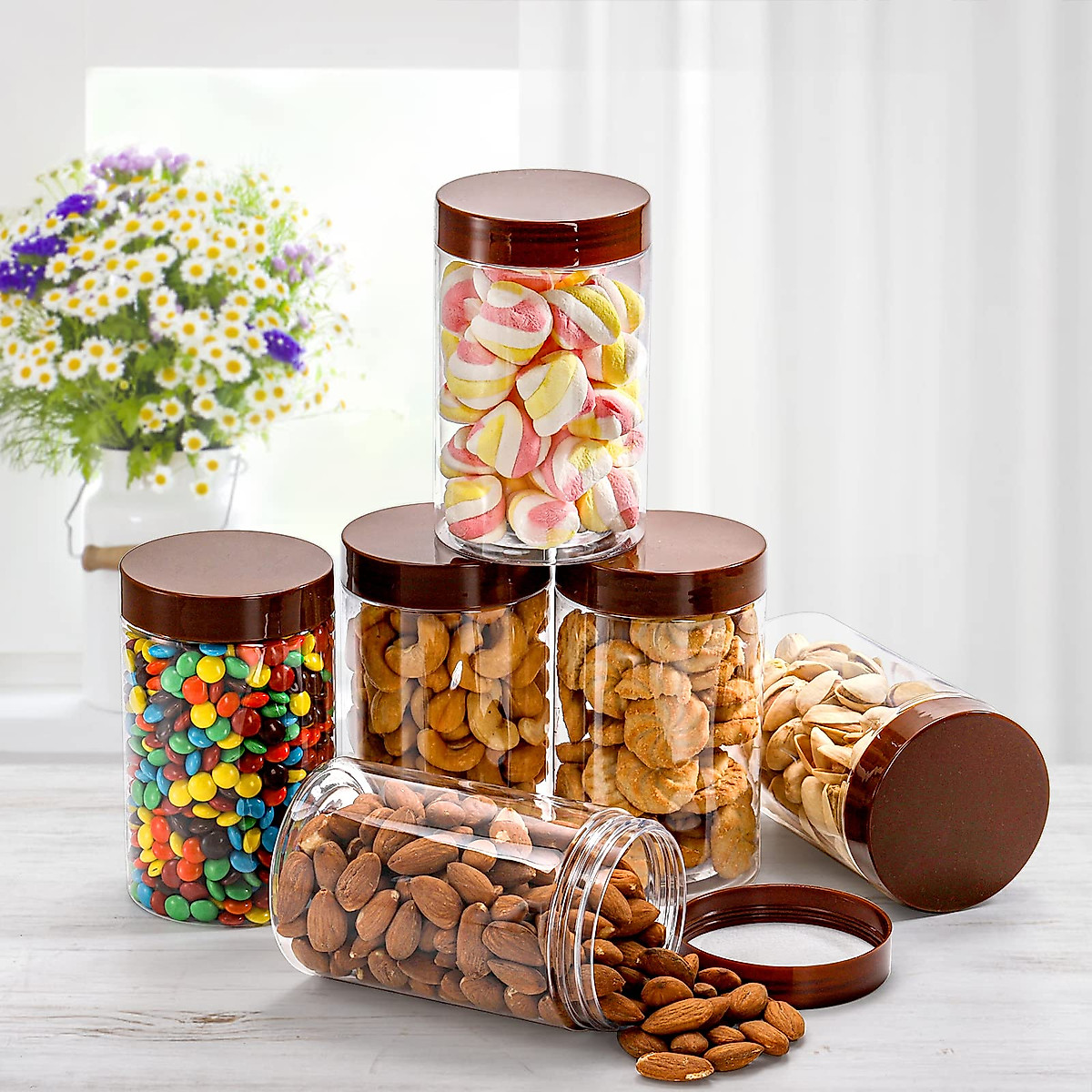 Fasmov 20 Pack 12 Oz Clear Empty Plastic Jars with Screw-on Lids, Ideal Containers for Kitchen and Home Storage, Brown