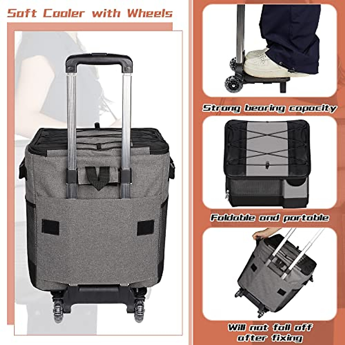 Cooler with Wheels 35 Can Collapsible Rolling Cooler Soft Insulated Roller Cooler Portable Leak Proof Cooler Bag with Wheels and Handle for Camping Hiking BBQ Summer Beach Travel Outdoor Activities