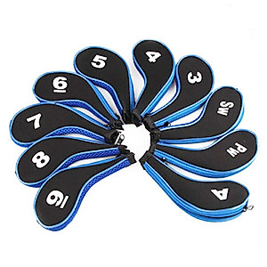 DBYAN 10pcs Number Printing Long Sleeve Golf Club Iron Covers Head Covers Set with Zipper for Irons Taylormade Ping Callaway Mizuno Cobra,Black/Blue