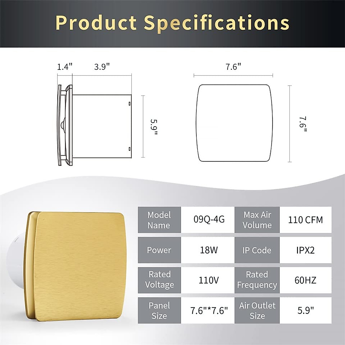 Zeyzer Gold Bathroom Exhaust Fan 110 CFM 1.0 Sone 5.9" Duct Modern Square Ceiling or Wall Mount Ventilation AC Vent Fan for Bathroom/Corridor/Office/Laundry Room/Shop