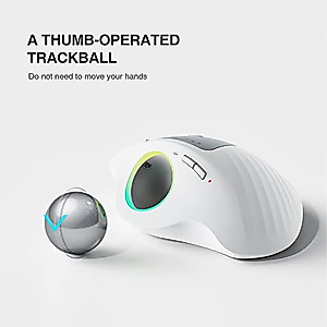 ProtoArc Wireless Bluetooth Trackball Mouse, EM01 2.4G RGB Ergonomic Rechargeable Rollerball Mice, 3 Device Connection&Thumb Control, Compatible for PC, iPad, Mac, Windows-White Silver