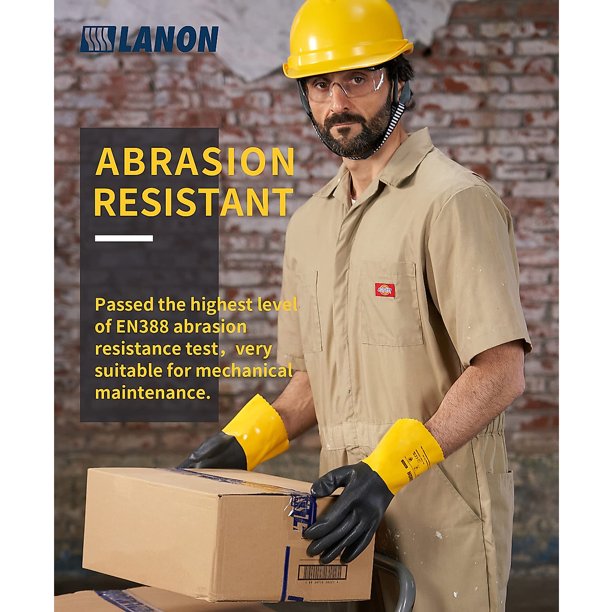 LANON PVC Chemical Gloves, Thick Rubber Work Gloves, Heavy-Duty, EN 374/388, Acid, Alkali and Oil, Non-Slip, XL