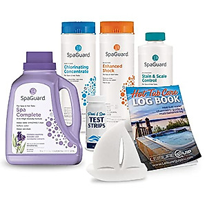 Deluxe Hot Tub Chemical Kit - Contains (SpaGuard Spa Complete, Chlorinating Concentrate, Enhanced Shock, Stain & Scale Control, Test Strips, LeisureQuip ScumBoat, LeisureQuip Spa Care Log Book)