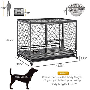 PawHut Heavy Duty Dog Crate Metal Kennel and Cage Dog Playpen with Lockable Wheels, Slide-Out Tray, Food Bowl and Double Doors, 49"