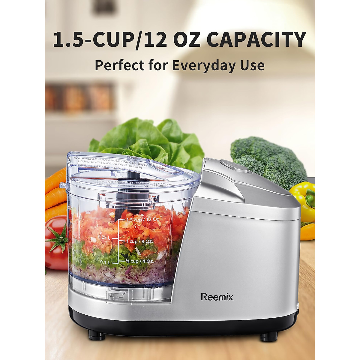 1.5-Cup One-Touch Electric Food Chopper, 100W Mini Food Processor Meat Grinder, Mix, Chop, Mince and Blend Vegetables, Fruits, Nuts, Meats, Stainless Steel Blade (Silver)