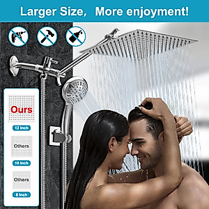 Shower Head, High Pressure Rainfall Shower Head with 11" Adjustable Extension Arm and 9 Settings Handheld Showerhead Combo with Holder, Retractable 59" Hose, Flow Regulator, Chrome (12 Inch1, Chrome)