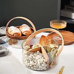 Funnyroom Clear Glass Fruit Serving Bowl, Nuts Dry Fruit Snack Tray with Wood Divider and Lid, Berry Vegetables Basket with Handle for Kitchen Fridge Storage Containers (Glass Basket-Large)