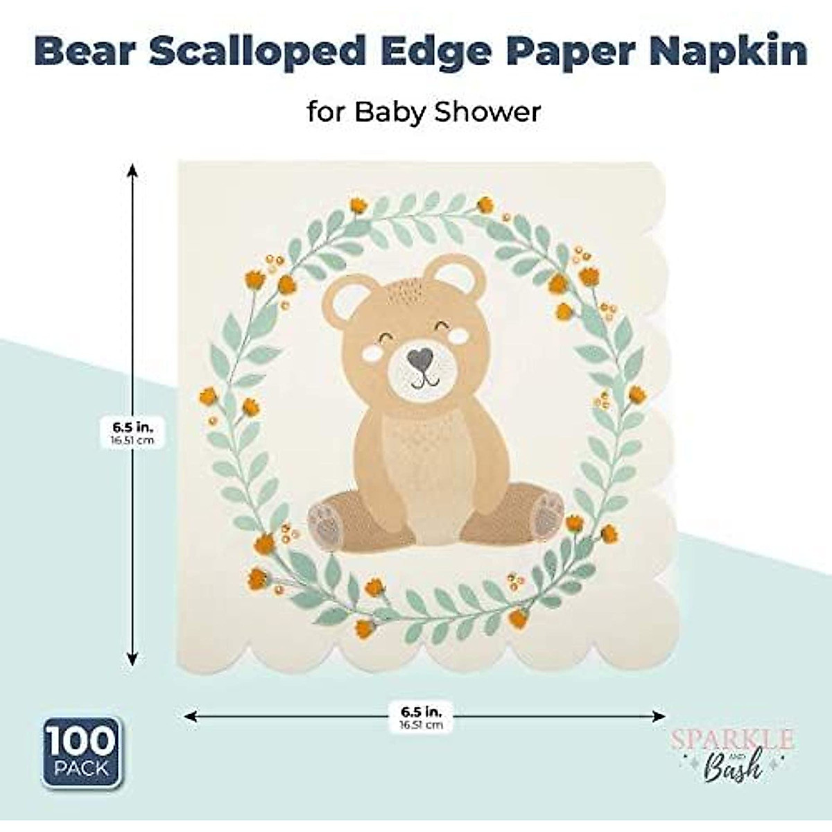 Sparkle and Bash 100 Pack Bear Paper Napkins for Boy Baby Shower, Scalloped Edge (6.5 Inches)