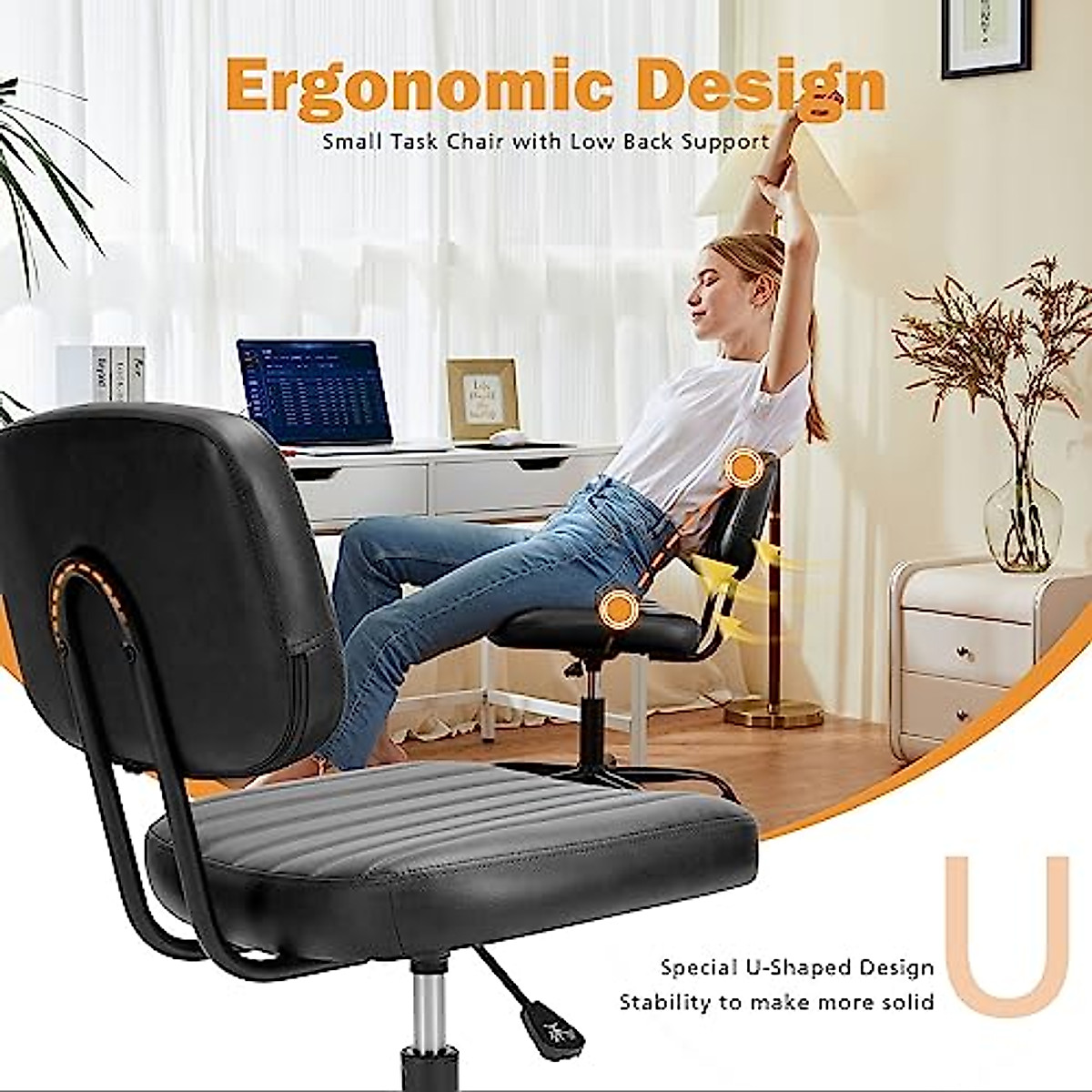 OLIXIS Armless Home Office Desk Chair with PU Leather Low Back Lumbar Support and Wheels, Height Adjustable No Arms for Bedroom, Study Small Space, Black