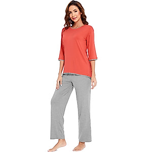 WiWi Womens 3/4 Sleeve Pajamas Set Soft Viscose from Bamboo Top with Pants Sleepwear Plus Size Lightweight Pjs S-4X, Coral+Heather Grey, Large