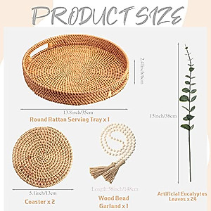 Round Rattan Serving Tray Woven Basket Tray 13.8 Inch Wicker Coffee Table Decorative Tray with Handles 2 Pcs Coasters 1 Pcs Rustic Wood Bead Garland 24 Pcs Eucalyptus Stems for Wedding Home Decor