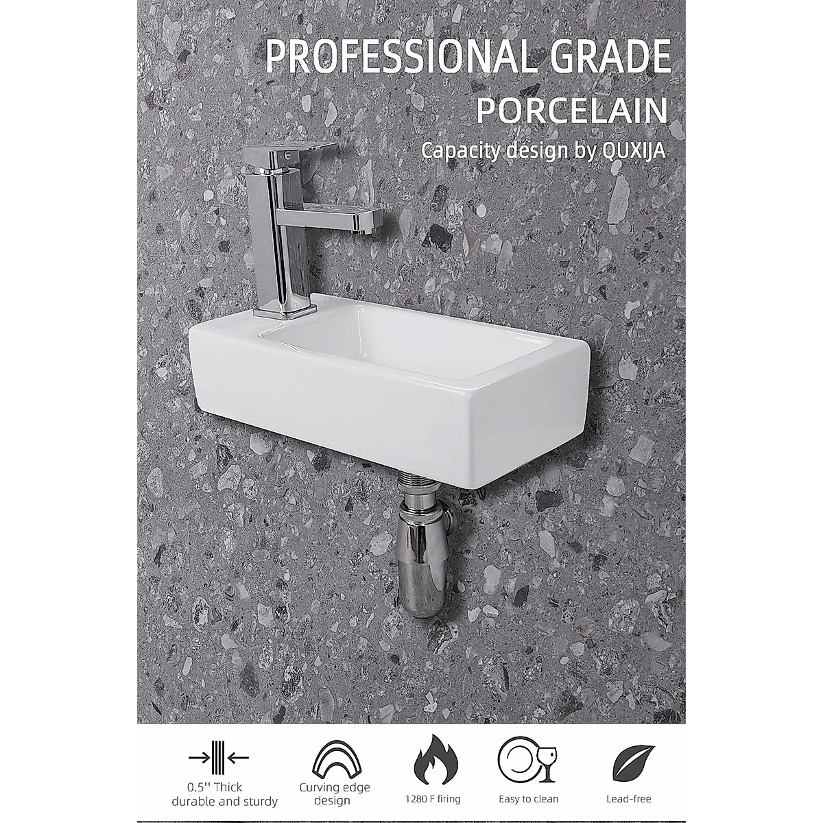QUXIJA Ceramic Liberty Wall Mount Sink, Rectangle Small Bathroom Sink,Classic Look and Save Space,Right/Left Hand (Left Hand)