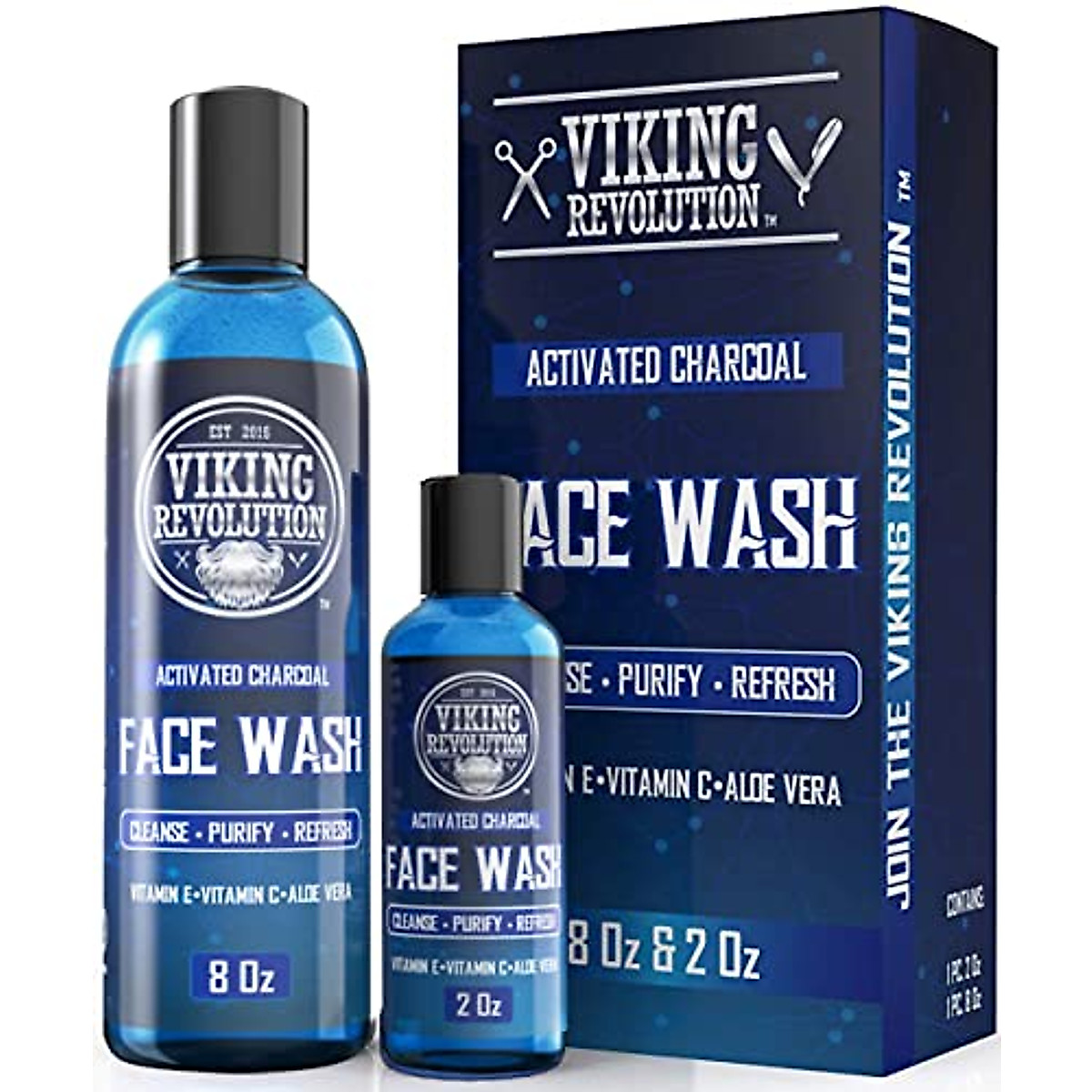 Viking Revolution Charcoal Face Wash for Men- Scrub Away Dirt and Toxins, Skin Cleaning Agent - Cleanse, Purify and Refresh - Daily Charcoal Facial Cleanser - 8 Fl Oz plus a 2 Fl Oz, 2 Piece Set
