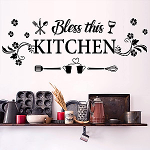 Kitchen Wall Decor Sticker Kitchen Quotes Bless This Kitchen Wall Decals Flower Art Removable DIY Vinyl Wall Stickers for Kitchen Dining Baking Room Bar Restaurant Home Decor.