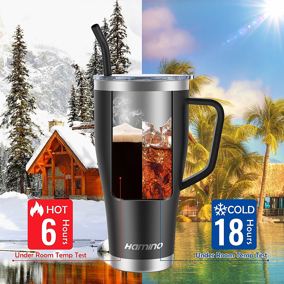 Hamino 30 oz Tumbler with Handle and Straw Lids, Double-Wall Vacuum Travel Coffee Mug with Handle, Stainless Steel Insulated Coffee Tumbler Cup for Home Office Travel HOT COLD Drinks (Black)