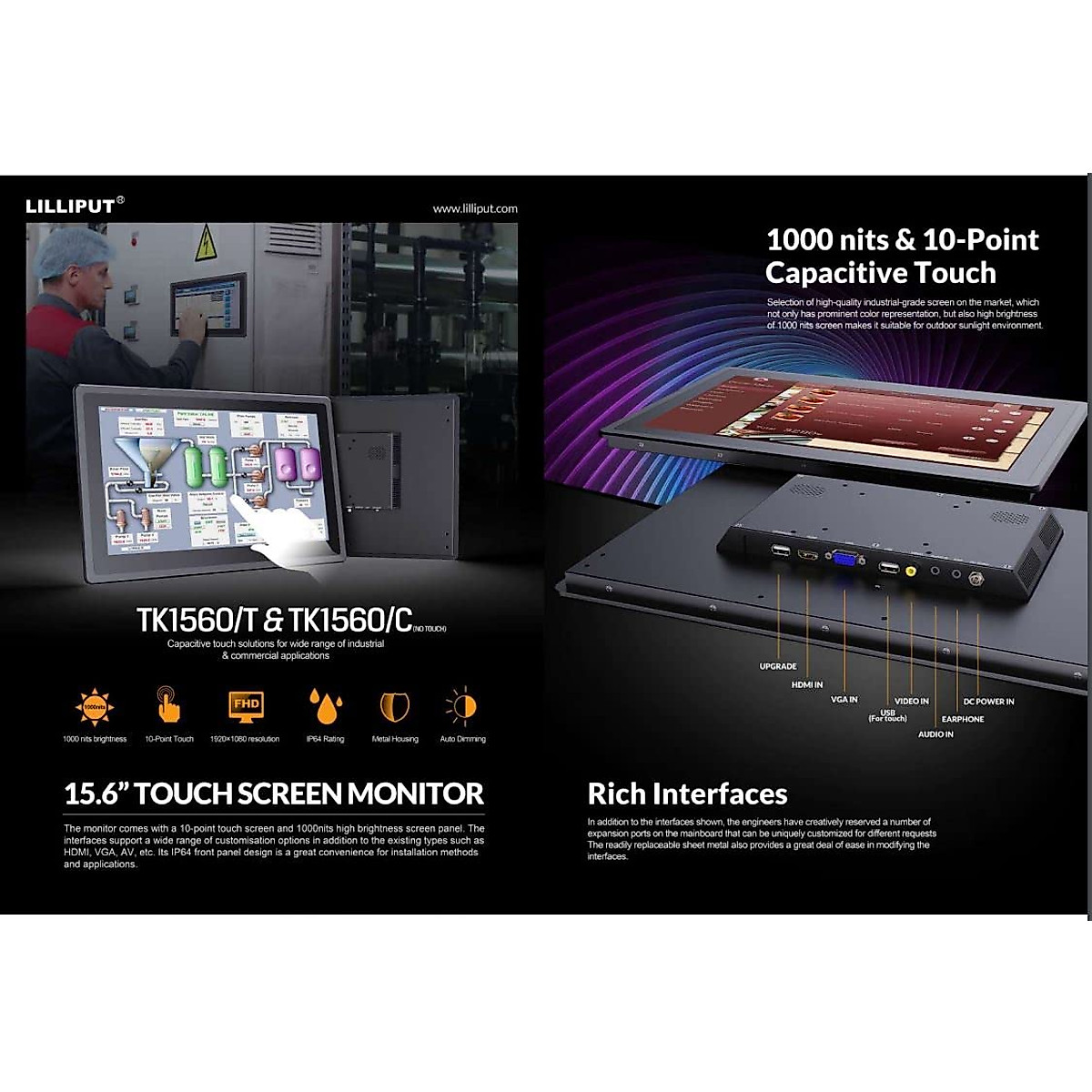 LILLIPUT 15.6" TK1560/T 10-Point Touch Screen Monitor and 1000 nits high Brightness IP65 Front Panel Design with HDMI, VGA, AV Metal Frame Touch Screen Monitor