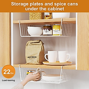 Bellsal Under Shelf Basket, 4 Pack Metal Hanging Wire Shelf Under Shelf Storage, Slides Under Cabinet Shelf, Space Saving for Kitchen Pantry Office Bathroom Bookshelf Under Shelf Organizer, White