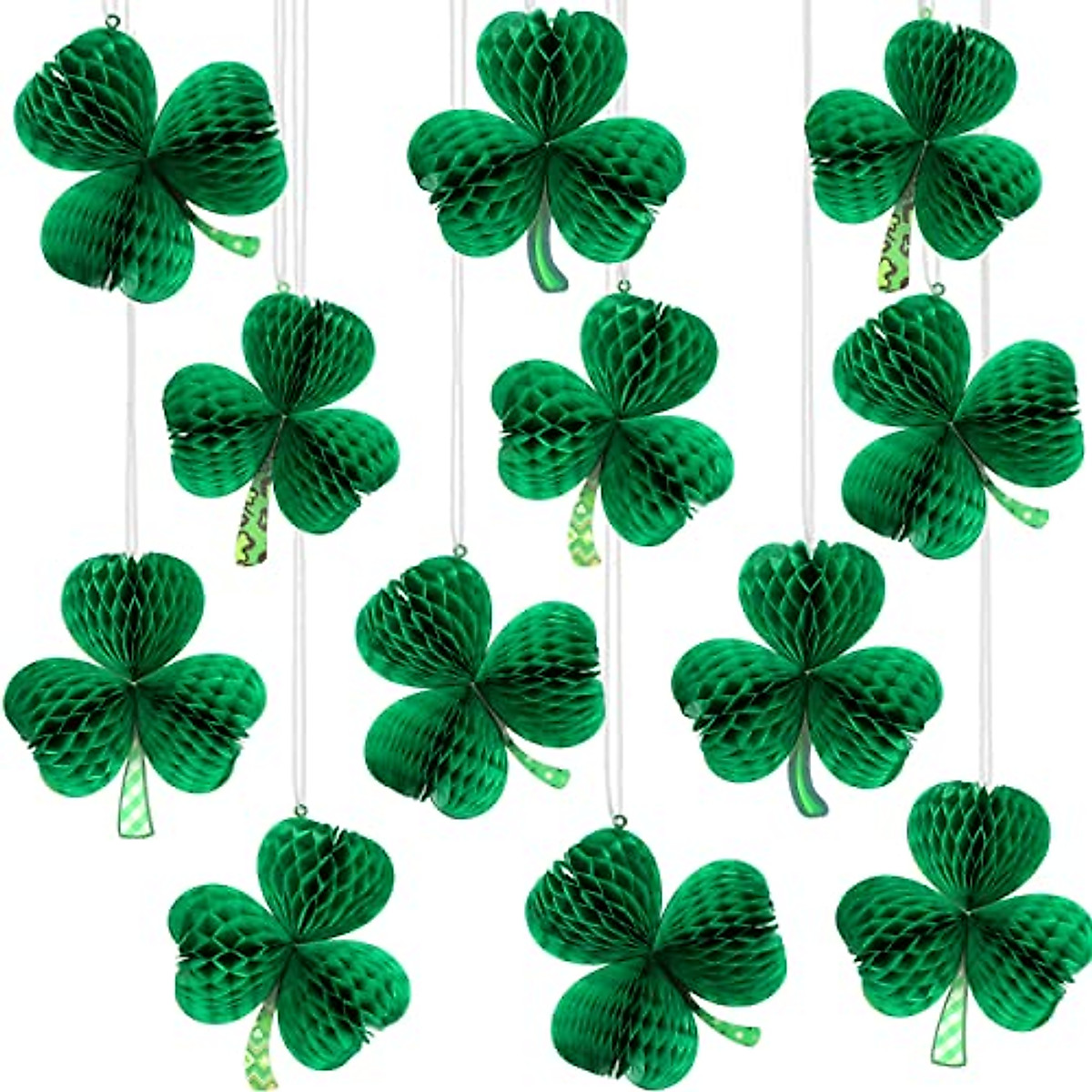 12 Pcs St. Patrick's Day Honeycomb Decoration St Patrick's Day Hanging Ornaments Shamrock Gold Clover Hat Beer Mug Irish Elf Shoes Honeycomb for St. Patrick's Day Party Decor (Clover)