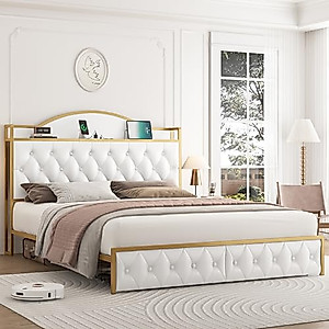 HITHOS Queen Bed Frame, Storage Headboard with Charging Station, Button Tufted Platform Bed with 2 Drawers, Upholstered Bed with 51.6" Tall Headboard, Gold Metal Frame, No Box Spring Needed, White