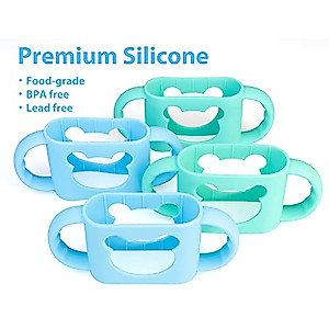 Baby Bottle Handles, Durable Food Grade Silicone Transitional Sippy Cup Handle Grip for Wide-Neck Baby Bottles, Cute Bear Design, Pack of 2, Blue & Turquoise