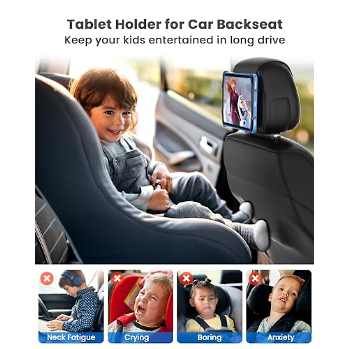 WONNIE Tablet Holder for Car, Upgraded iPad Holder for Car Back Seat Headrest Mount Holder for Kids with Anti-Slip Strap,Silicone Holding Net/Fits All 7-12.9'' Tablets