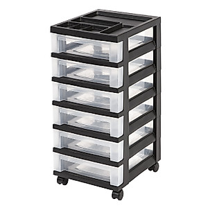 IRIS USA MC-360-TOP Plastic Storage Drawer, Rolling Cart with Organizer Top, 6 BLK CLR, Black