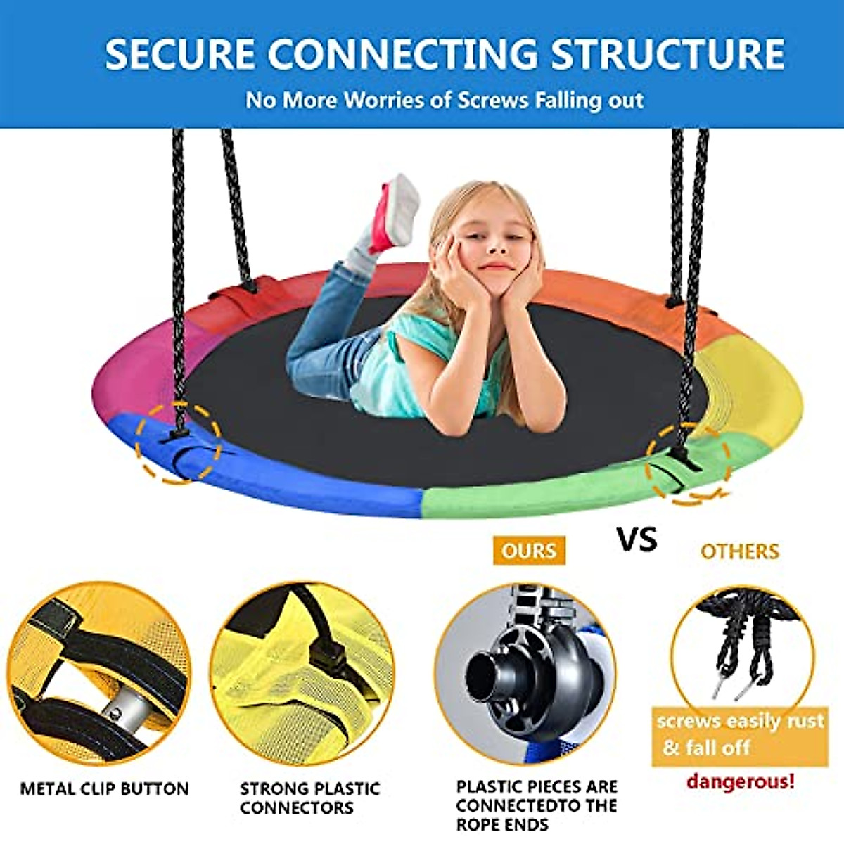 Hishine 43" Saucer Tree Swing for Kids, 360° Rotate Waterproof Flying Saucer Swing with Swivel, Hanging Straps, Adjustable Ropes, Round Mat Spinner Swing for Tree/Swing Set (Rainbow)