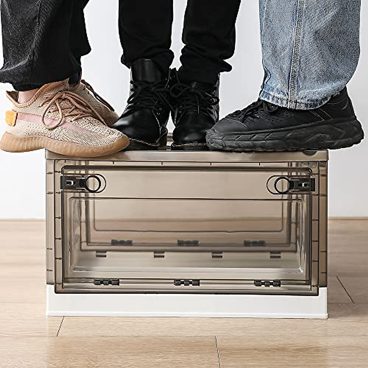 56 Quart Collapsible Storage Bins with Lids, Clear Stackable Lidded Storage Box with Wheels, Plastic Storage Container with 2 Doors, Storage Organizer with Attached Lid (Extra Large, Brown)