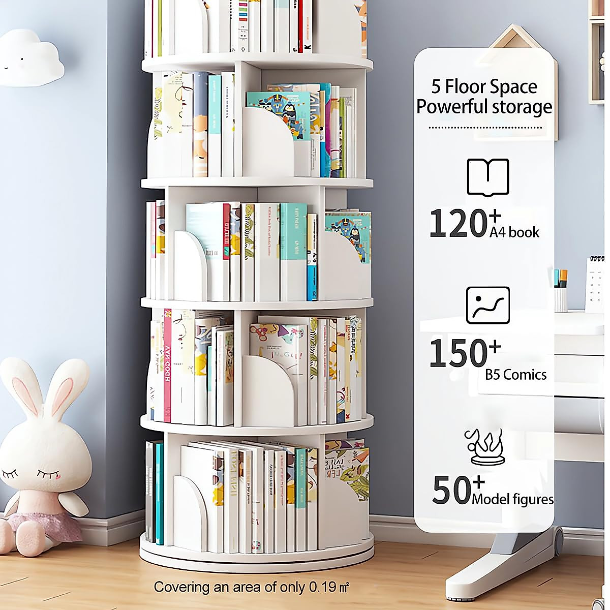 Rotating Bookshelf Tower, 4/5 Tier Circular Bookshelf for Kids&Adults, 18 in Wood 360° Floor Standing Book Storage Rack, Spinning Bookshelf Tower for Classroom Playroom Study Bedroom (White, 1-5)