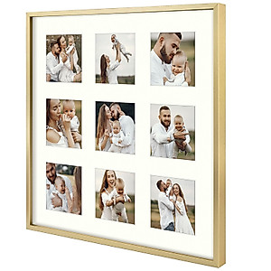 Golden State Art, 4x4 Aluminum Collage Frame, Displays 4 x 4 Pictures With 9 Openings Mat or One 16x16 Photo, Real Glass, Wall Display, Gold, 1 Pack