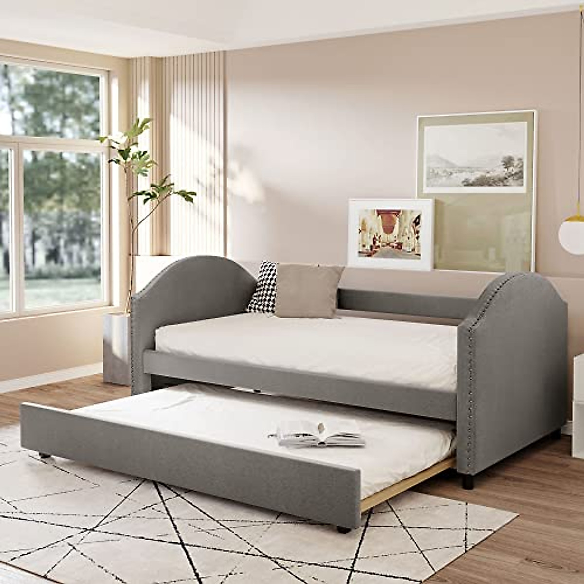 DRELOFT Full Size Upholstered Daybed with Strong Durable Pull-Out Trundle and Legs, Full Day Bed Sofa Bed with Wood Slat Support for Living Room Bedroom Guestroom, No Box Spring Needed, Gray