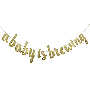 A Baby is Brewing Gold Glitter Banner Sign Garland for Baby Boy, Girl or Gender Reveal Baby Shower Party Decorations Supplies Cursive Bunting Photo Booth Props