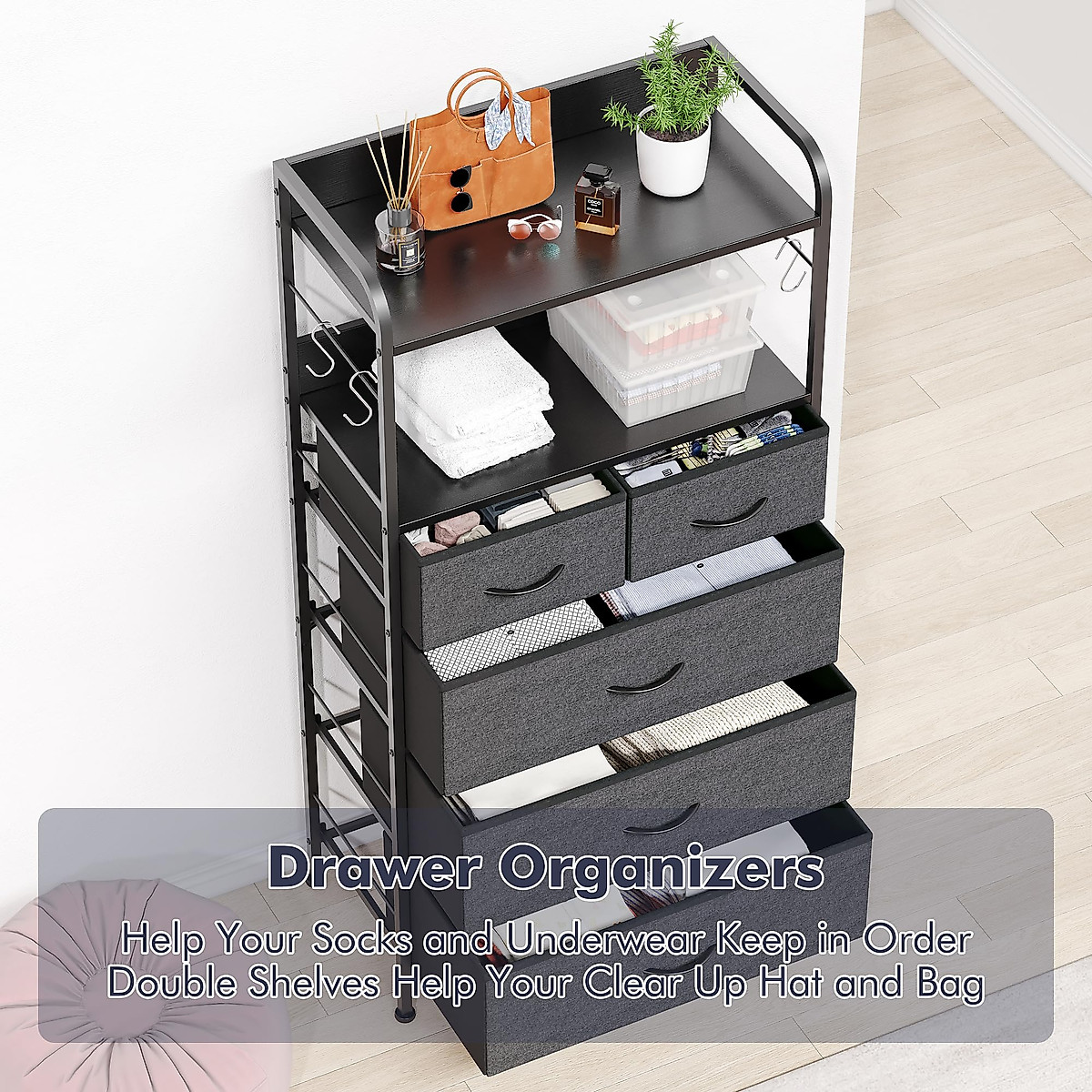 Jojoka Dresser for Bedroom with 5 Drawers, Dressers & Chests of Drawers for Hallway, Entryway, Storage Organizer Unit with Fabric, Sturdy Metal Frame, Wood Tabletop, Easy Pull Handle