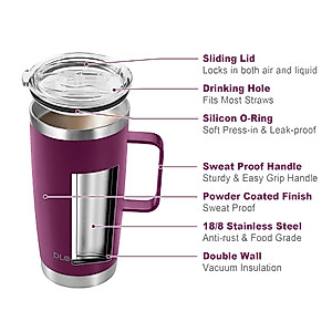DLOCCOLD Insulated Coffee Mug with Handle Stainless Steel Travel Coffee Cup with Lid Spill Proof Reusable Thermos Coffee Cups for Men Women Car Cup holder Friendly (Purple, 20 oz)