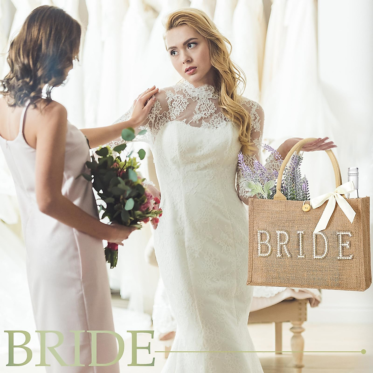 Silkfly Wedding Bride Bag Natural Jute Bride Tote Bag with Ribbon Bride Gift Bag with Handle for Bridal Shower (Gold Edges,Bride)