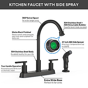 GOWIN Matte Black Kitchen Faucet,2 Handle Kitchen Sink Faucet with Side Sprayer,3 or 4 Hole Kitchen Faucet for Rv Camper Sinks,High Arc Stainless Steel Centerset Faucet