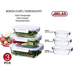 Anilar Tempered Glass Rectangular Food Storage with Lockable Lids - Set of 3
