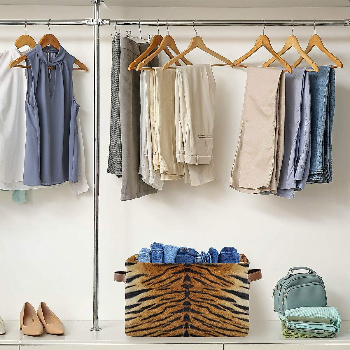 Animal Tiger Leopard Print Storage Basket Bin Large Fabric Toys Storage Cube Box with Handles Collapsible Closet Shelf Cloth Organizer Basket for Nursery Bedroom