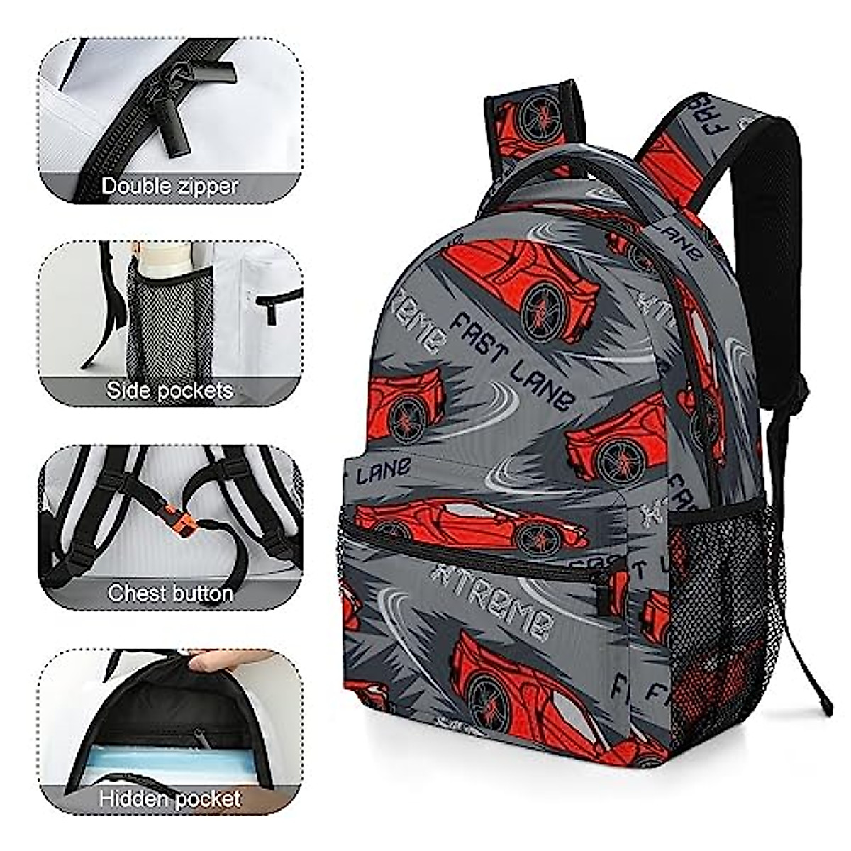 MEIKKO Abstract Speed Race Car Backpack Cartoon Large Computer Bags with Chest Strap,Lightweight Casual Daypack for Women Men Hiking Travel Work and Business 16 Inch