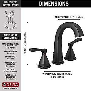 Delta Faucet Stryke Widespread Bathroom Faucet 3 Hole, Matte Black Bathroom Faucet Black, Bathroom Sink Faucet, DIAMOND Seal Technology, Metal Drain Assembly, Matte Black 35775-BLMPU-DST