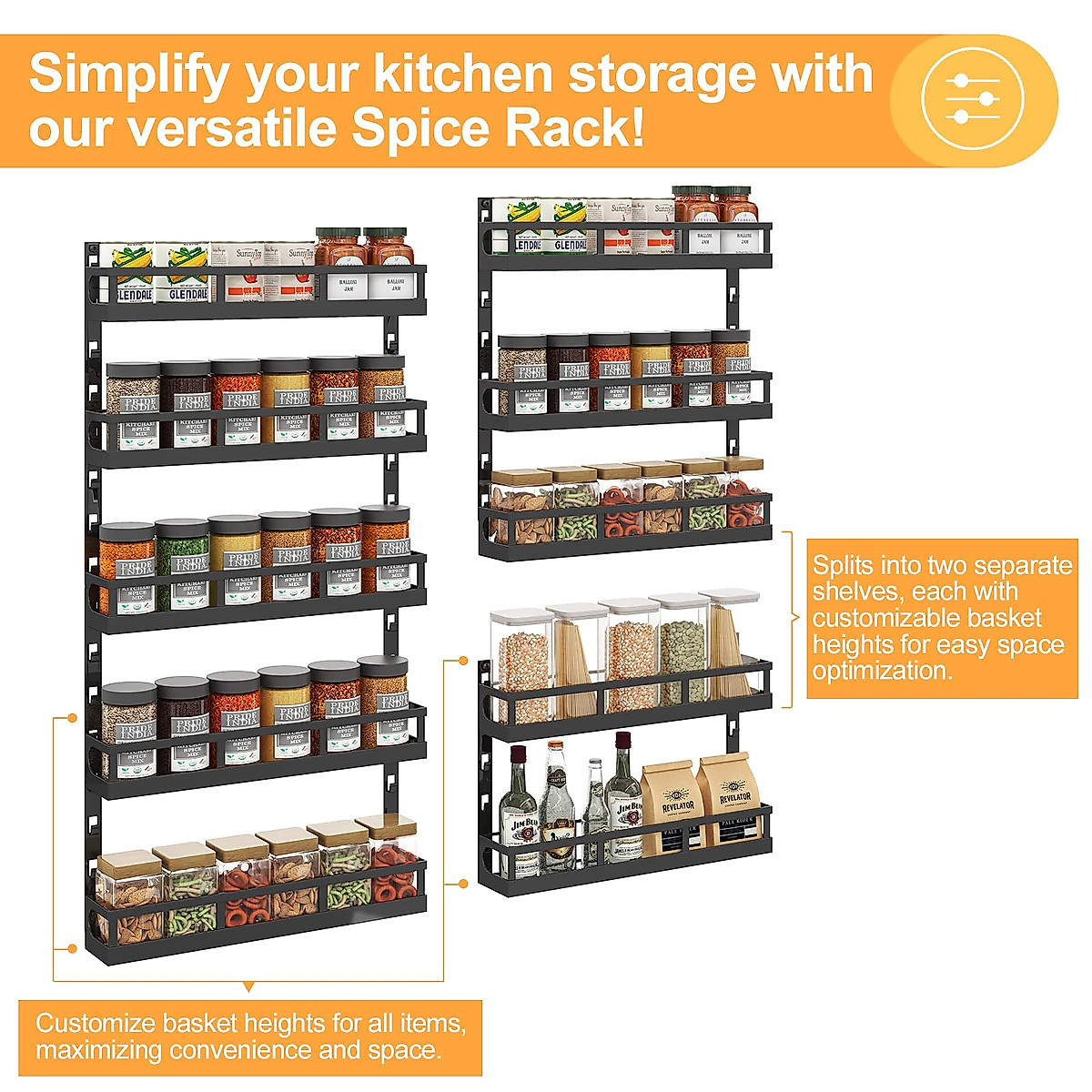 X-cosrack 6-Tier Wall-Mounted Spice Rack Organizer with Mixed Basket Sizes, Height-Adjustable Hanging Spice Shelf for Kitchen Pantry Cabinet, Large-Capacity Seasoning Holder, Black