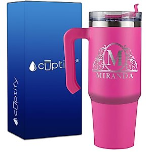 Personalized 30 oz Travel Mug - Elaborate Circle Monogram - Pink Custom Engraved Cup with Handle Vacuum Insulated Tumbler Birthday Gift for Women, Men, Beer and Drinks