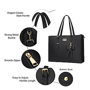 MOSISO Laptop Bag for Women Compatible with MacBook, 17-17.3 inch Notebook and Chromebook, PU Leather Travel Work Tote bag with Detachable Bowknot & Small Purse, Black